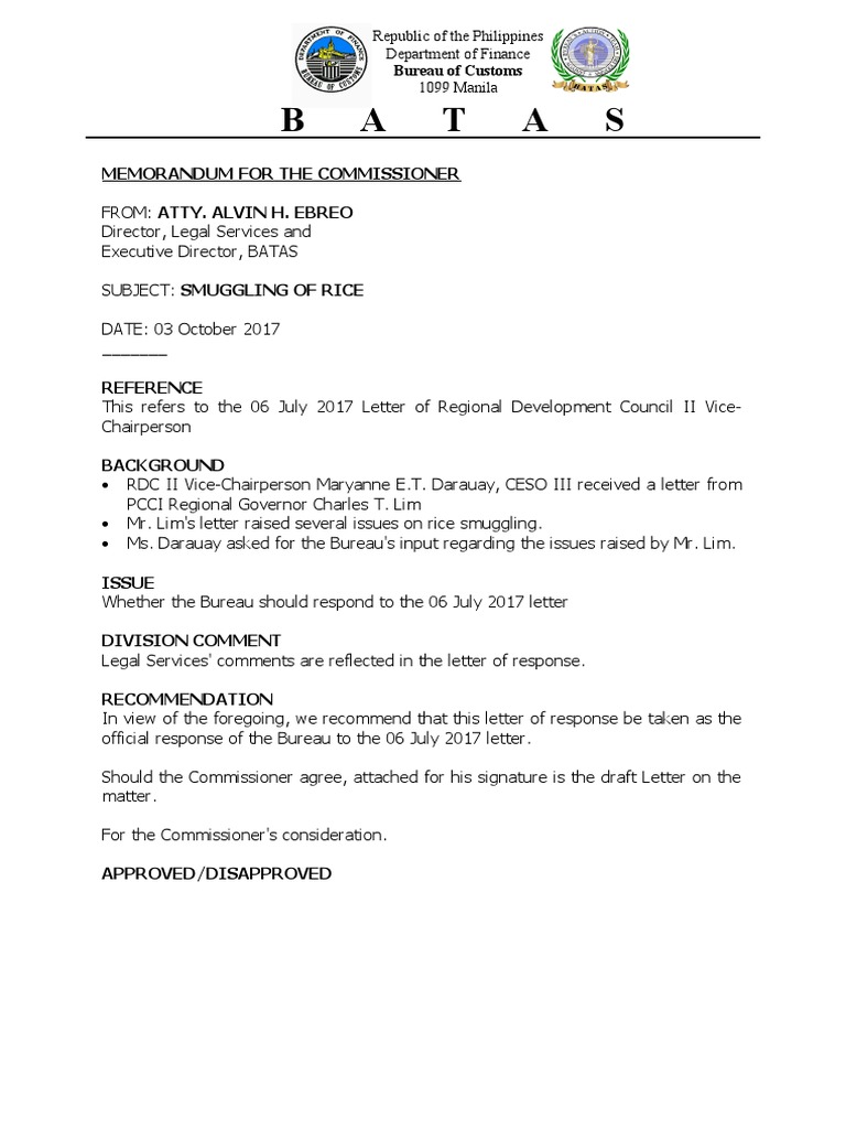 B A T A S: Memorandum For The Commissioner | PDF