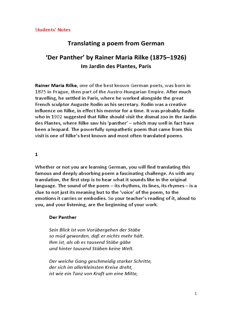 Translating A Poem From German Der Panther' by Rainer Maria Rilke (1875 ...