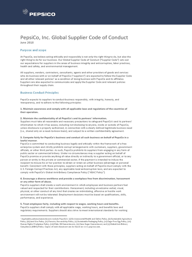Pepsico, Inc. Global Supplier Code of Conduct: Purpose and Scope | PDF ...