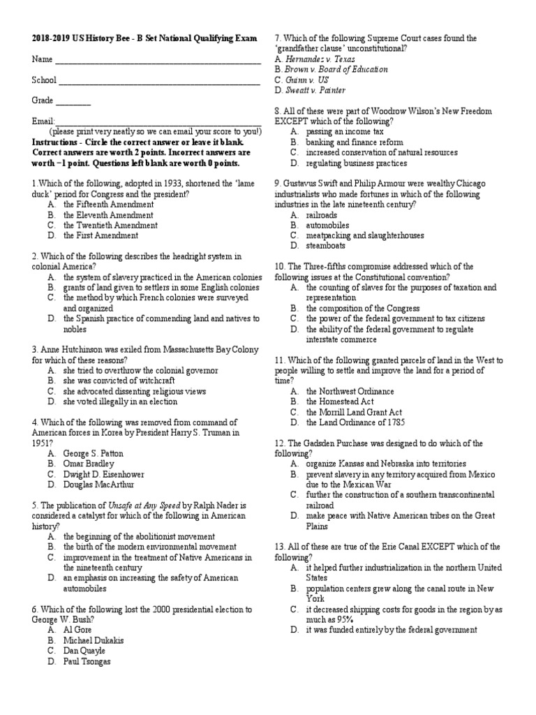 2018 2019 US History Bee Qualifying Exam B Set Version | PDF | Franklin ...