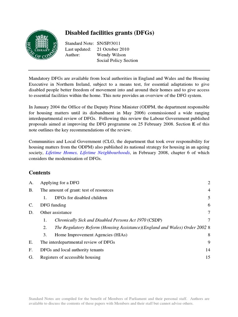 Disabled Facilities Grants (DFGS) : Lifetime Homes, Lifetime Neighbourhoods | PDF | Public ...