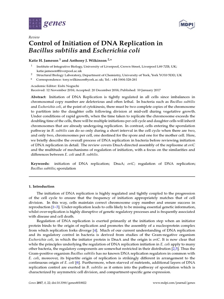 Control of Initiation of DNA Replication in Bacillus Subtilis and Escherichia Coli | PDF | Dna ...