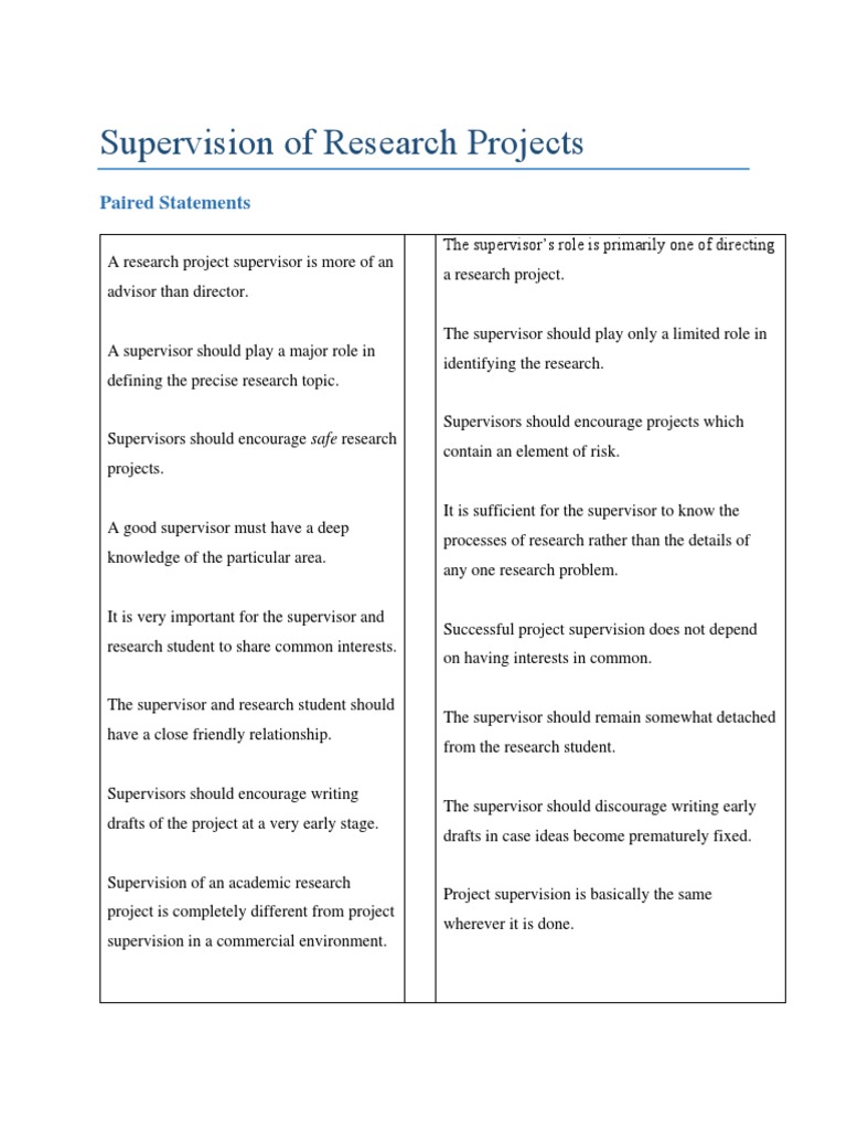 Supervision of Research Projects: Paired Statements | PDF | Career ...