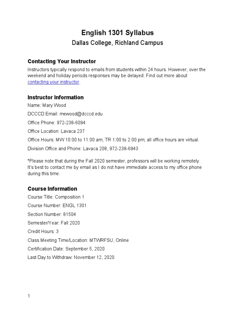 English 1301 Syllabus Overview | PDF | Academic Dishonesty | Essays