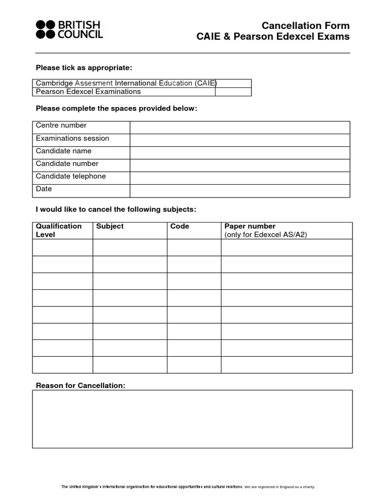 Cancellation Form C AIE & Pearson Edexcel Exams: Please Tick As ...