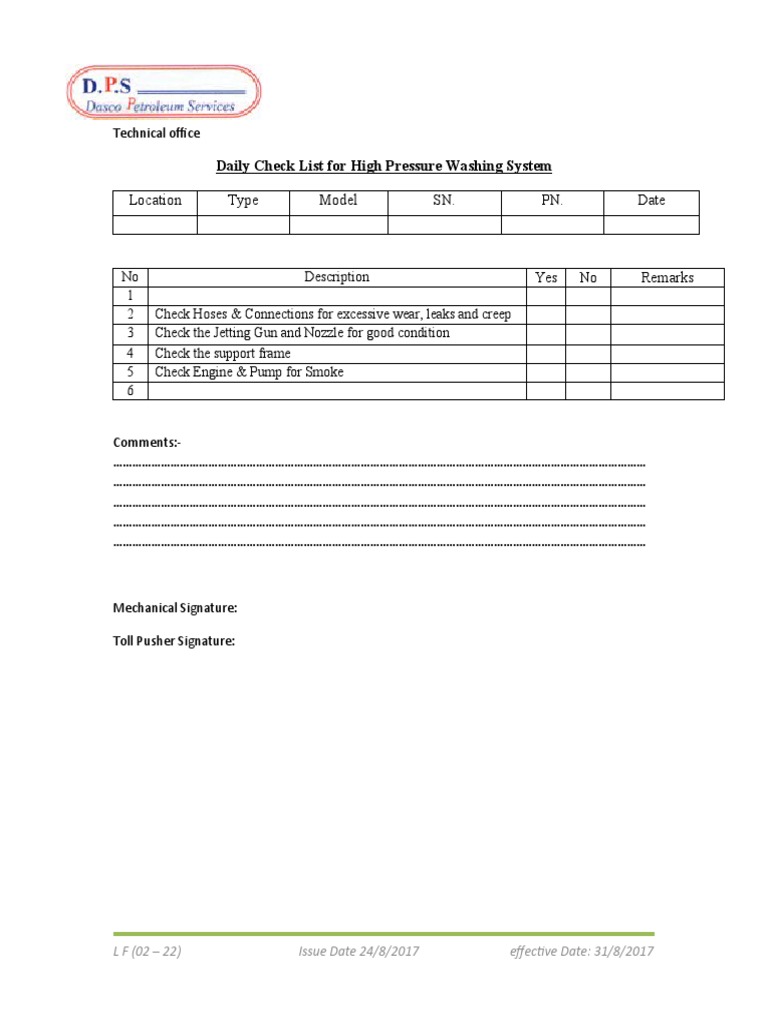 High Pressure Washer Daily Checklist | PDF