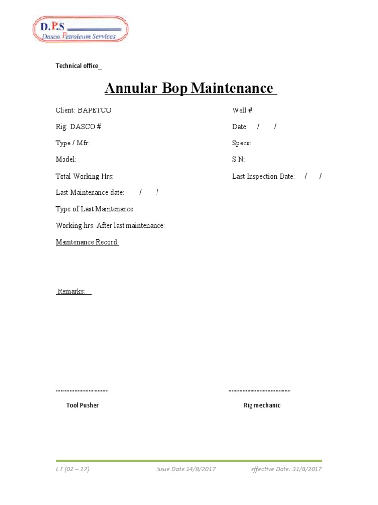 Annular Bop Maintenance: Technical Office | PDF