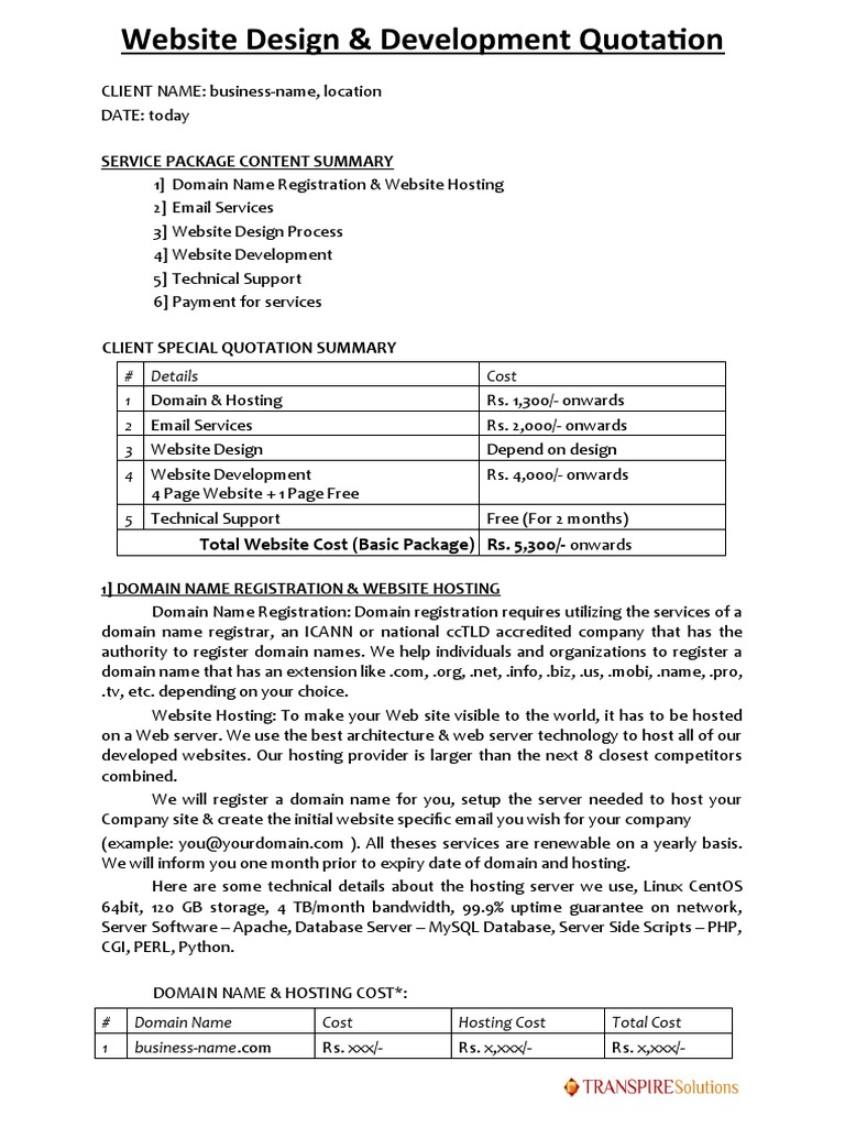 Website Design & Development Quotation: Service Package Content Summary ...