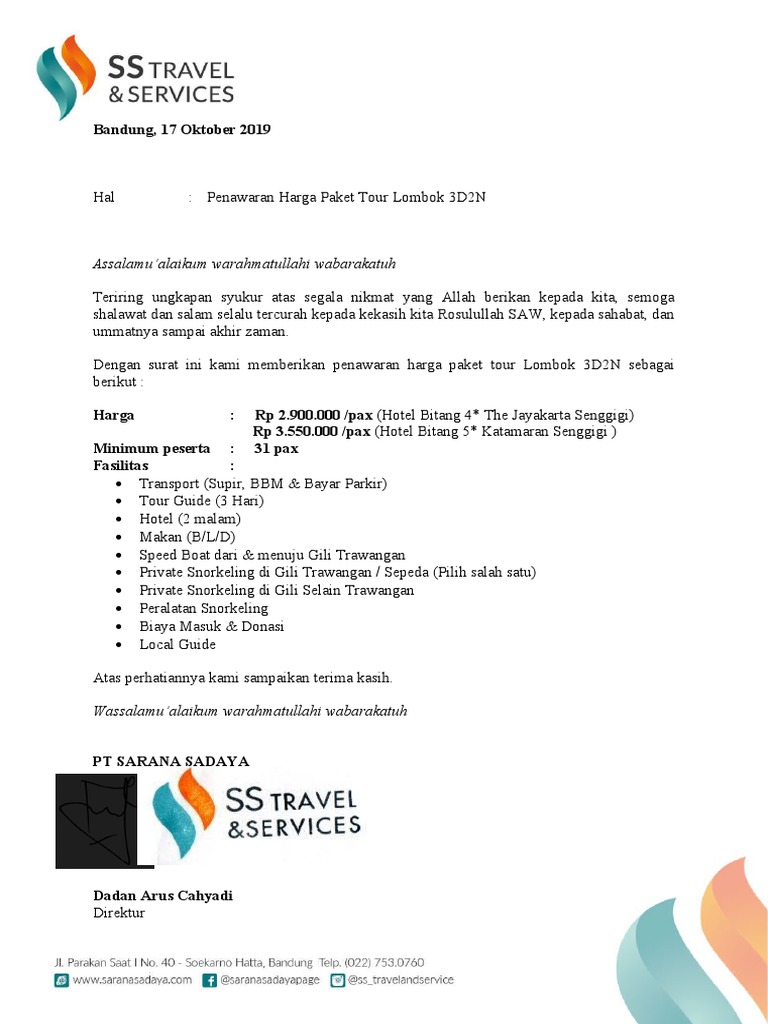 Surat Penawaran Paket Tour Lombok 3D2N | PDF