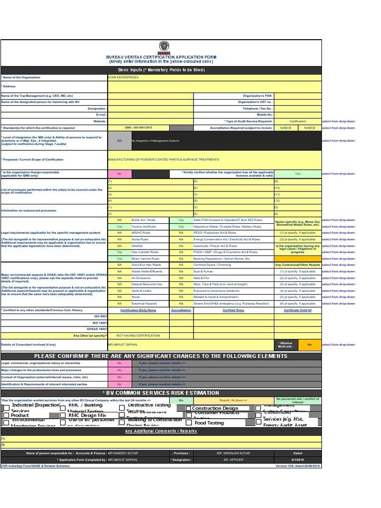 Bureau Veritas Certification Application Form | PDF | Iso 9000 | Waste