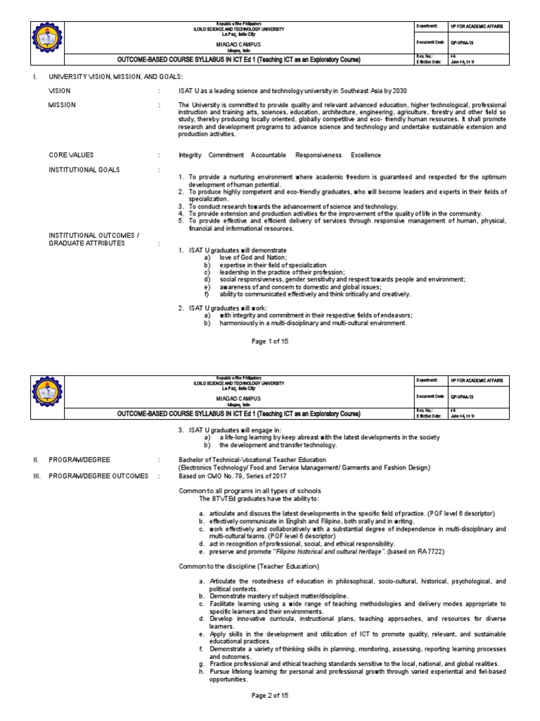 ICT Ed 1 Outcome-Based Syllabus | PDF | Educational Technology | Curriculum
