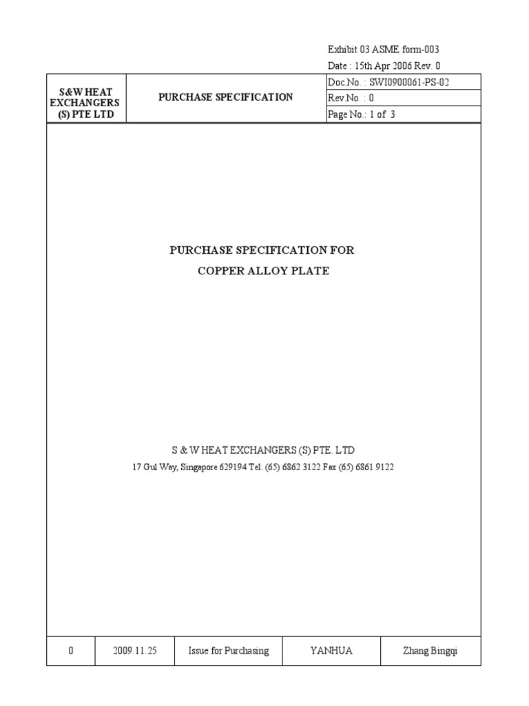 Purchase Spec. For Plates-Copper Alloy (SB171 Uns C46400) | PDF ...