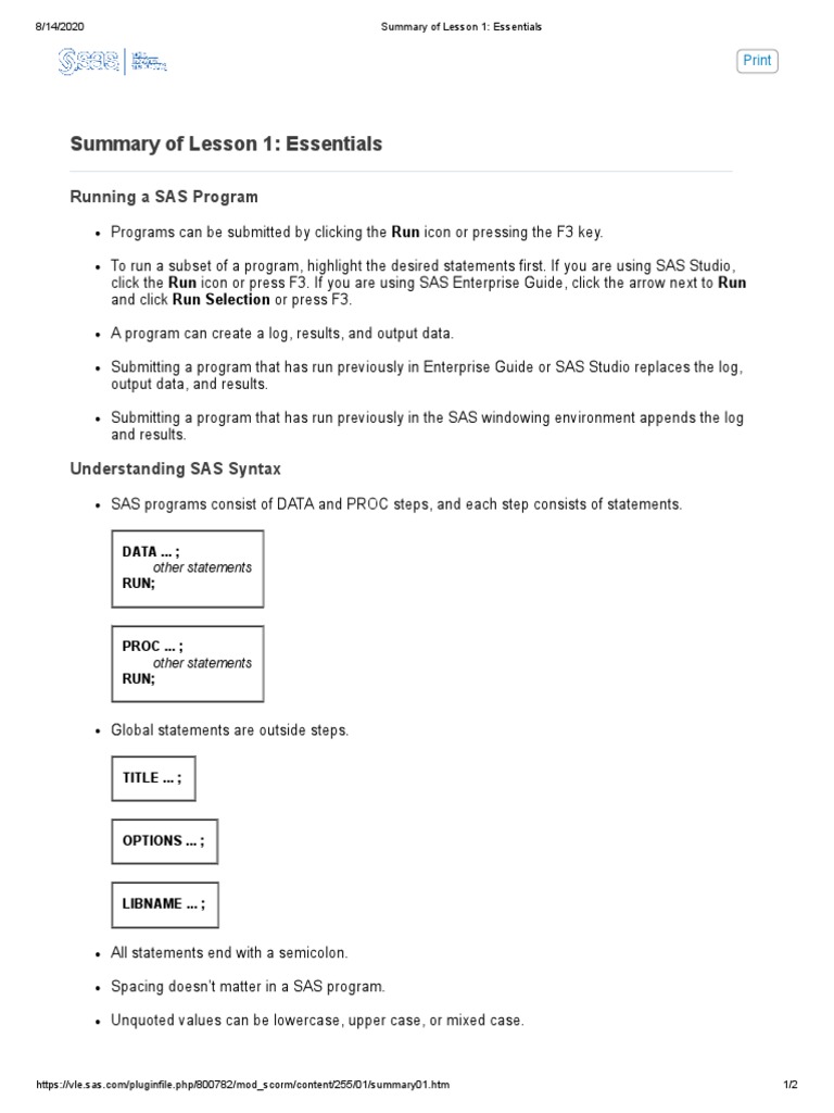 Summary Of Lesson 1 Essentials Pdf Sas Software Notation 9169