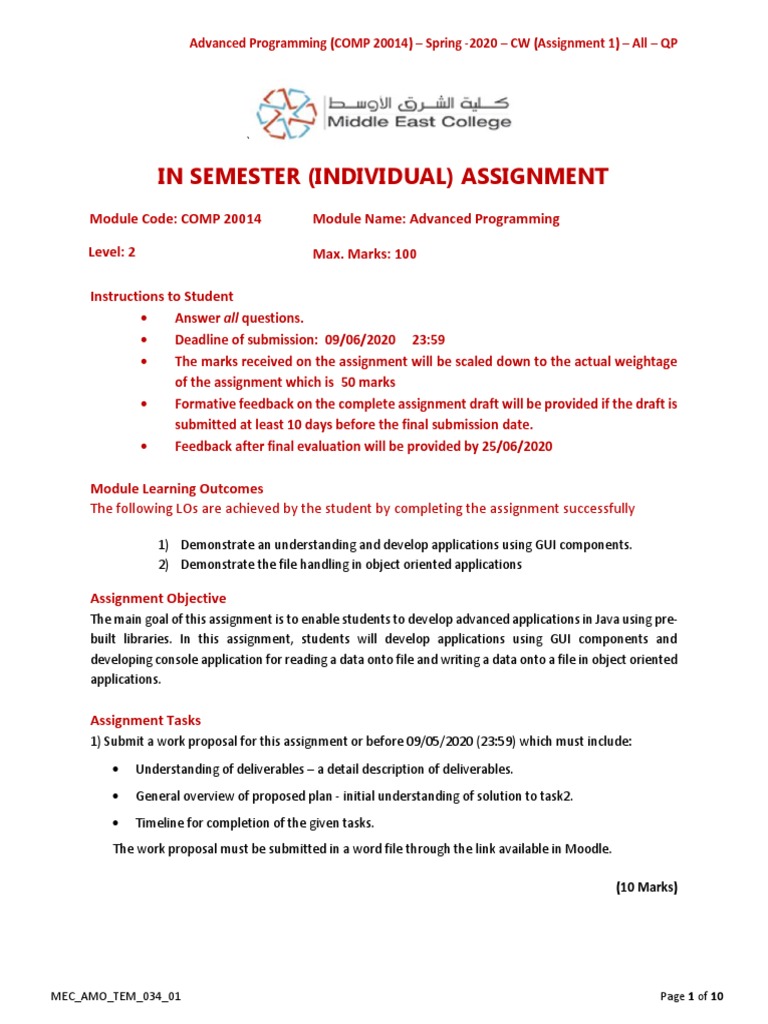 In Semester (Individual) Assignment: Module Code: COMP 20014 Module Name: Advanced Programming ...