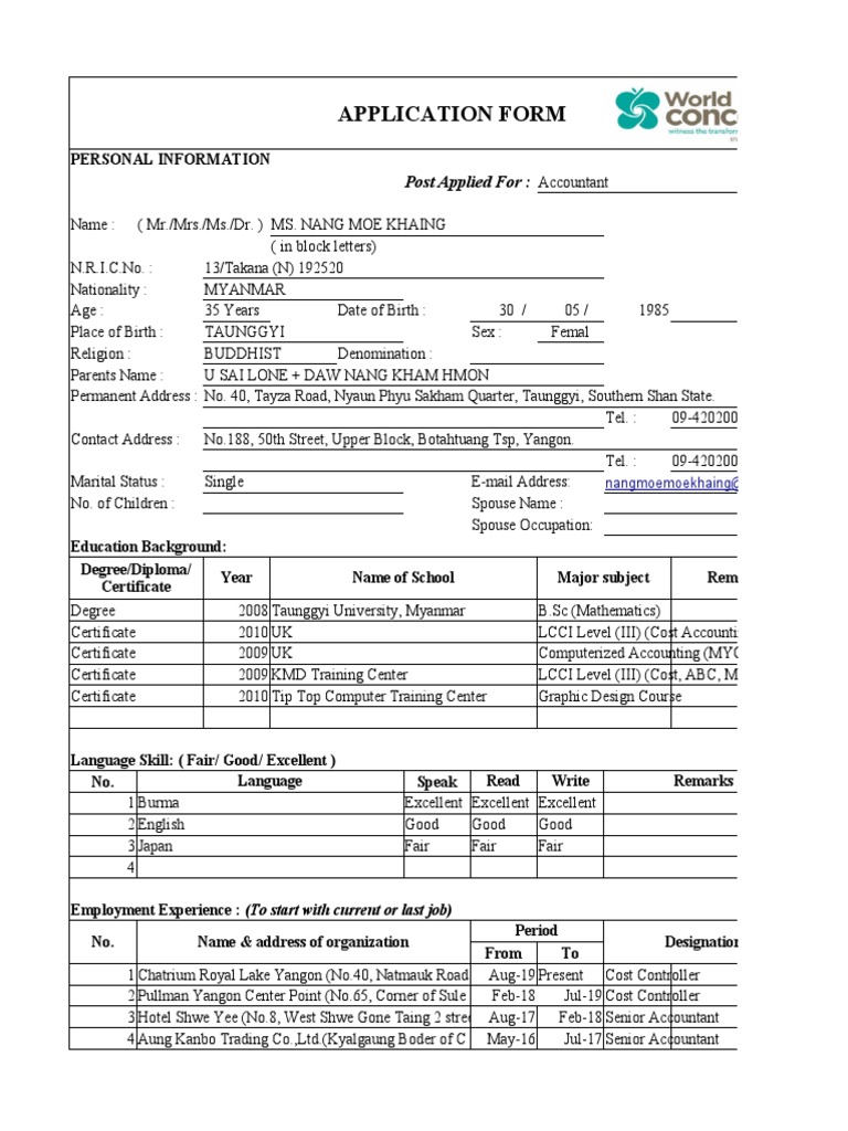 Application Form For WCM | PDF | Myanmar