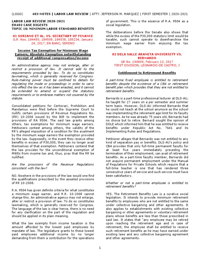 EH403 - Digests - Topic 10 Minimum Labor Standard Benefits PDF | PDF ...