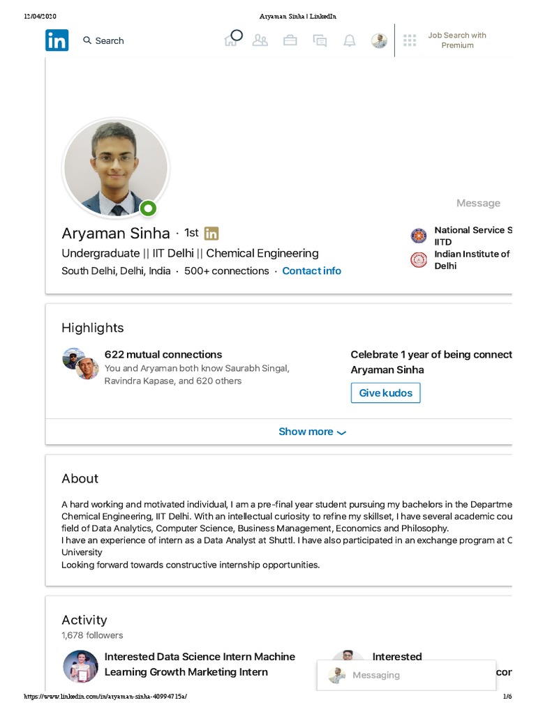 Aryaman Sinha - LinkedIn PDF | PDF | Linked In | Business