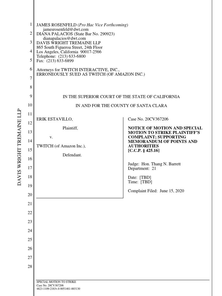 Estavillo v. Twitch - SLAPP Motion | PDF | Complaint | Defamation