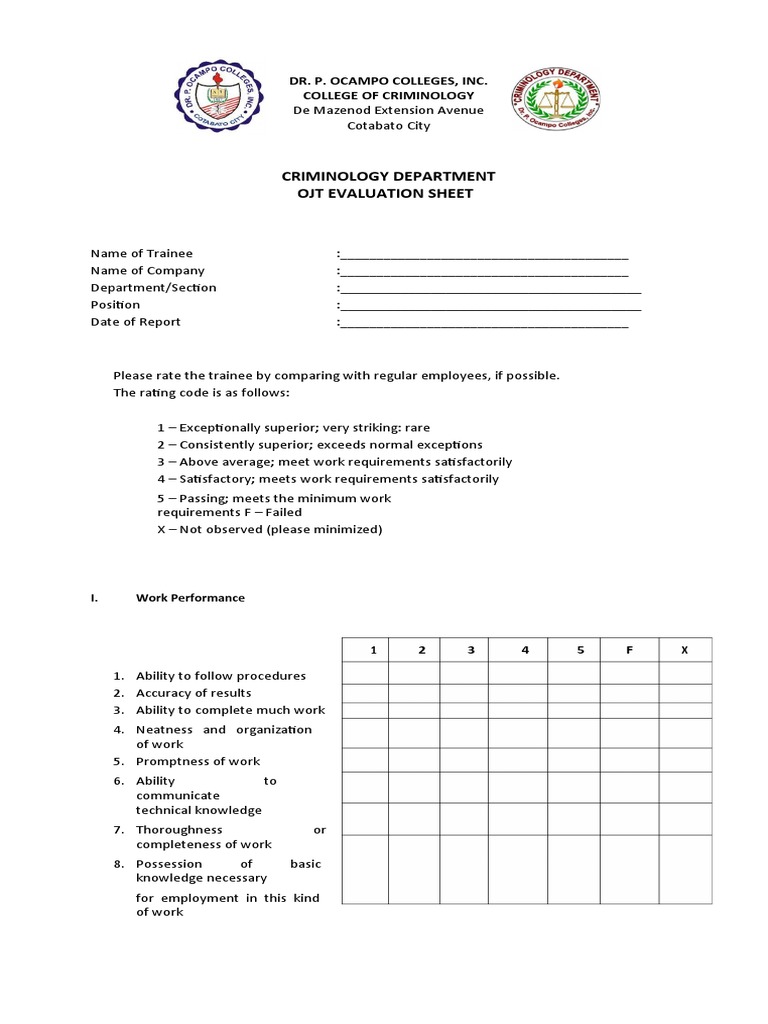 Criminology Department Ojt Evaluation Sheet: Dr. P. Ocampo Colleges, Inc. College of Criminology ...
