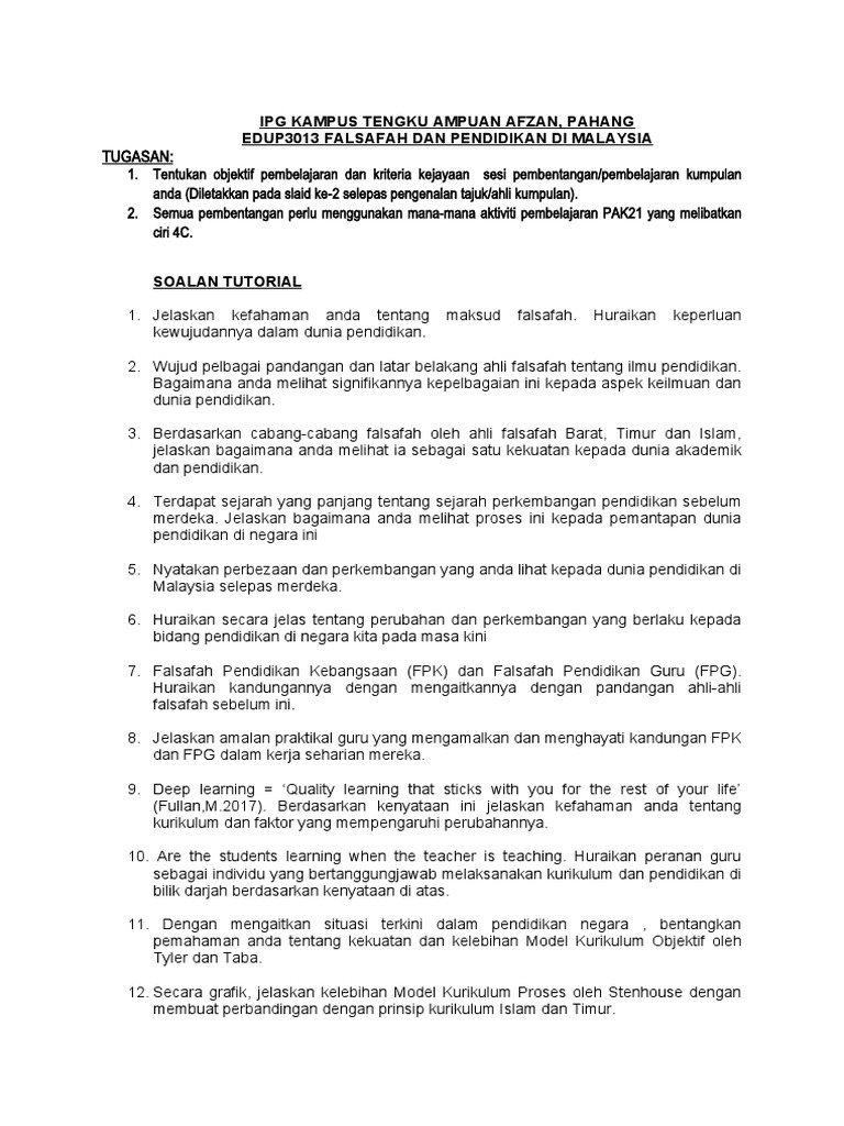 Soalan Tutorial Edu3103 2020 | PDF