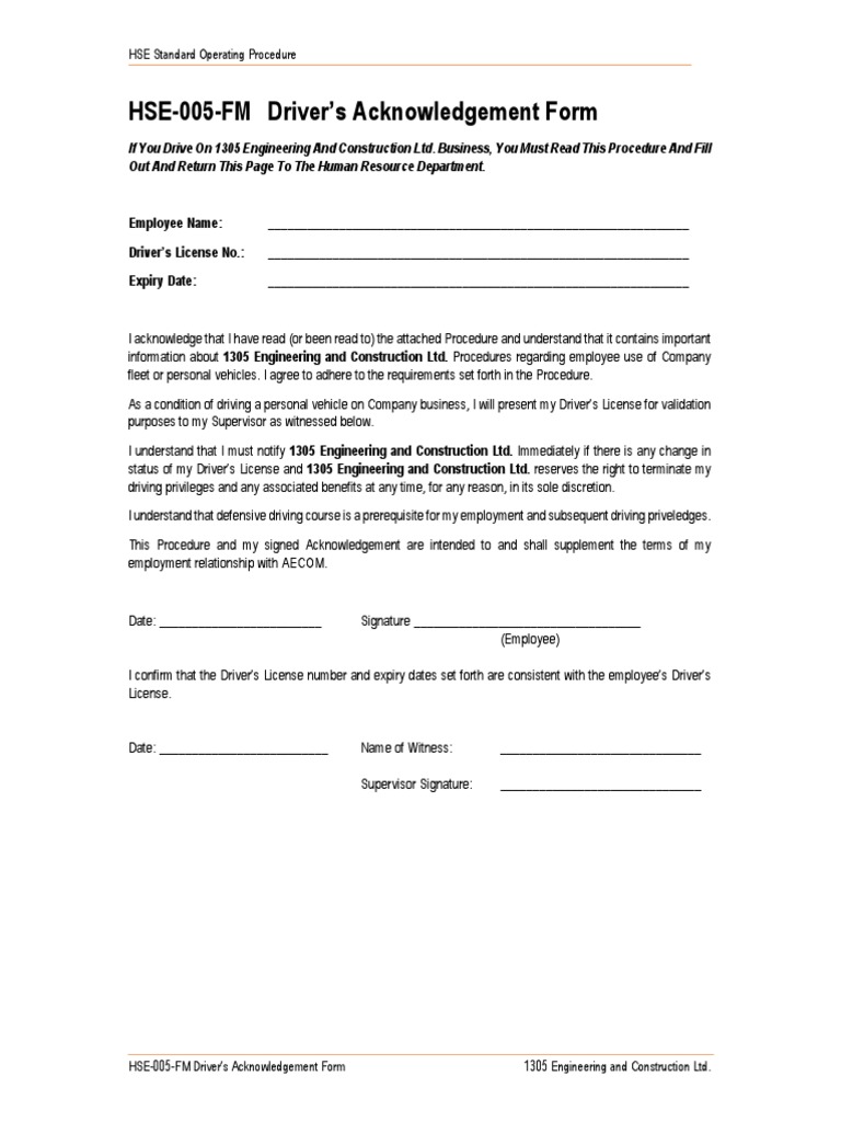 HSE-005-FM Driver's Acknowledgement Form | PDF