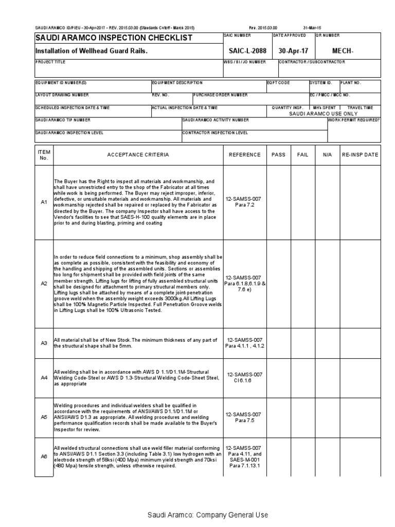 Saudi Aramco Inspection Checklist: Installation of Wellhead Guard Rails ...