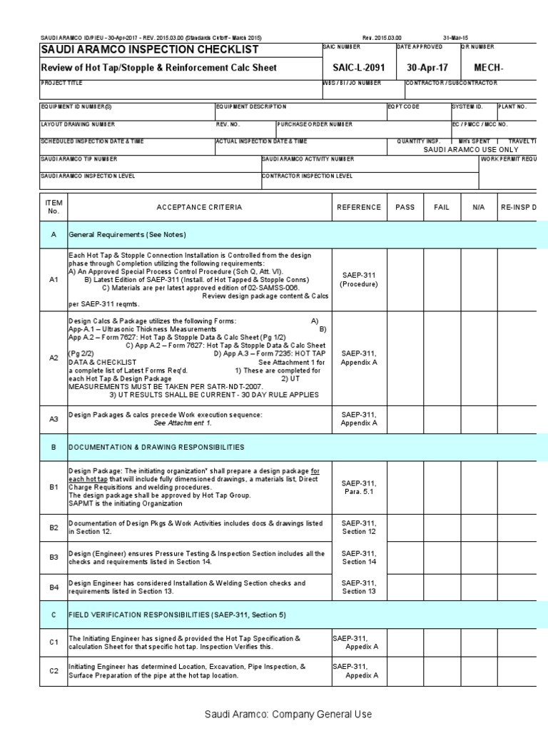 Saudi Aramco Inspection Checklist: Review of Hot Tap/Stopple & Reinforcement Calc Sheet SAIC-L ...