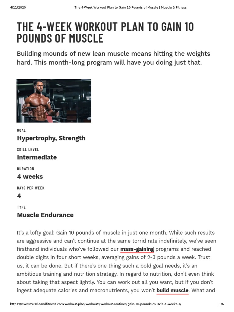 The 4-Week Workout Plan To Gain 10 Pounds of Muscle | PDF | Strength ...