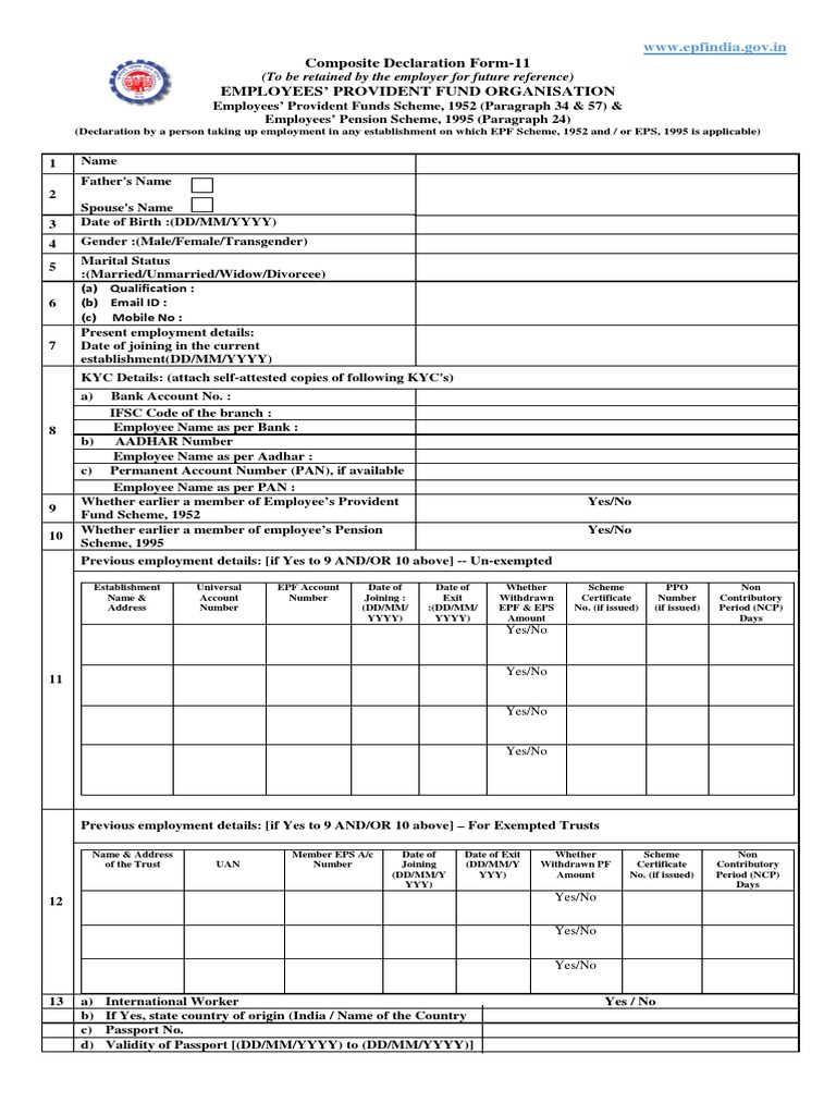 Composite Declaration Form-11 Employees' Provident Fund Organisation ...