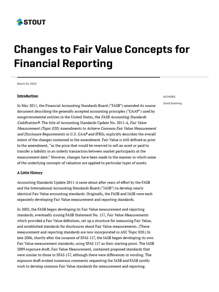 Changes To Fair Value Concepts For Financial Reporting - Stout (March ...