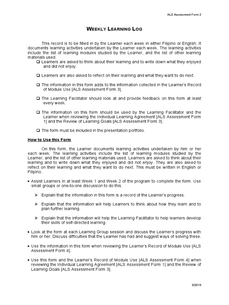 Eekly Earning OG: ALS Assessment Form 2 | PDF | Learning ...