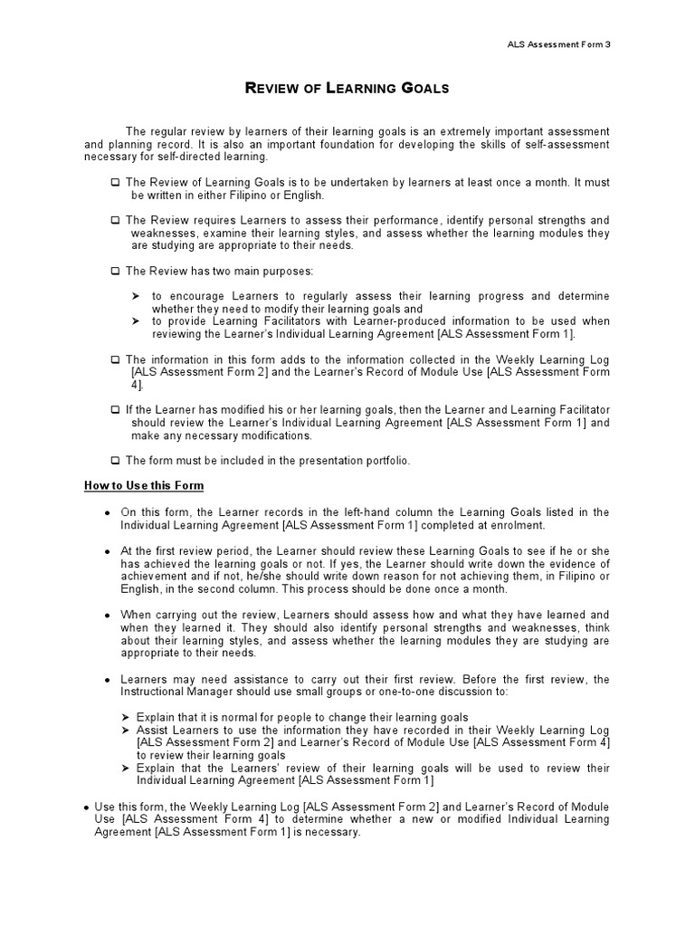 ALS Assessment Form3 - Review of Learning Goals 2013 1 | PDF | Learning ...