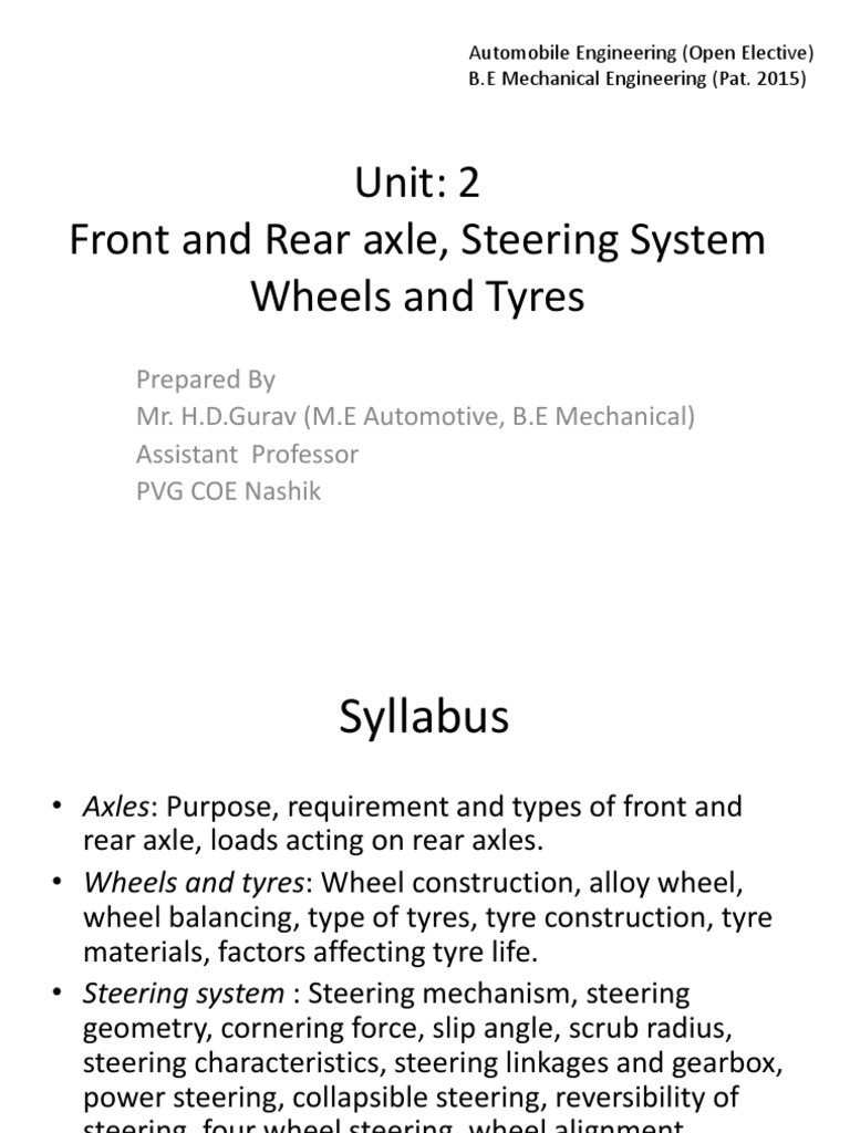 Unit: 2 Front and Rear Axle, Steering System Wheels and Tyres | PDF ...