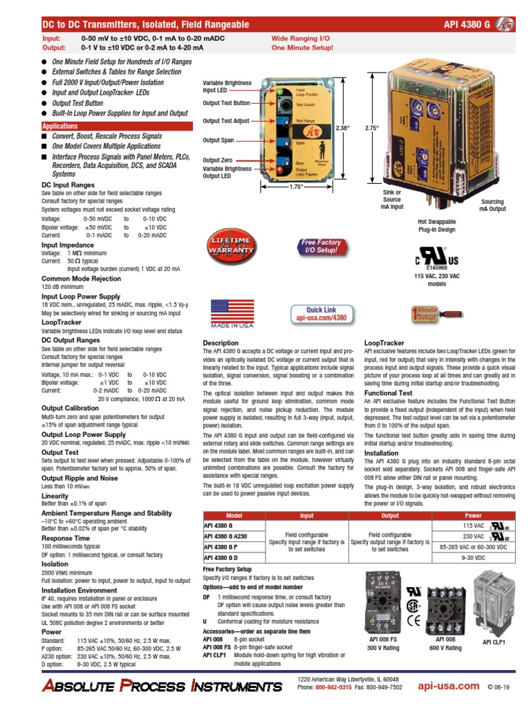 DC To DC Transmitters, Isolated, Field Rangeable API 4380 G: Bsolute ...