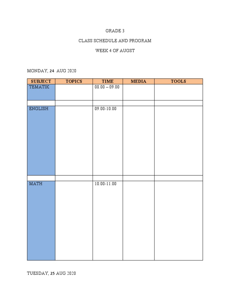 Grade 3 Class Schedule and Program Week 4 of Augst: Subject Topics Time ...