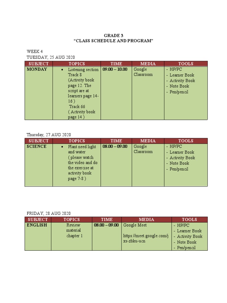 Grade 3 Class Schedule and Program Week 4 | PDF