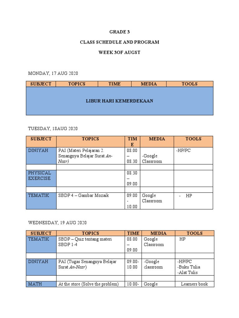 Grade 3 Class Schedule and Program Week 3of Augst: Nasr) | PDF