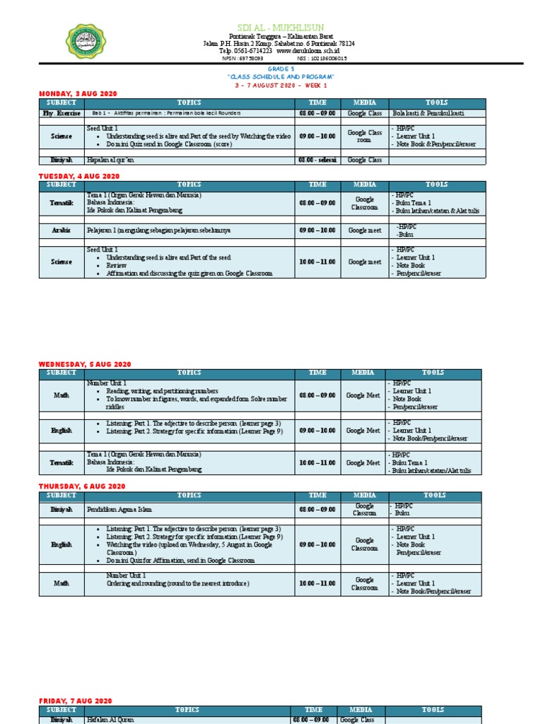 Fix Jadwal Kelas 5 August 2020 Week 1 | PDF | Learning | Cognition