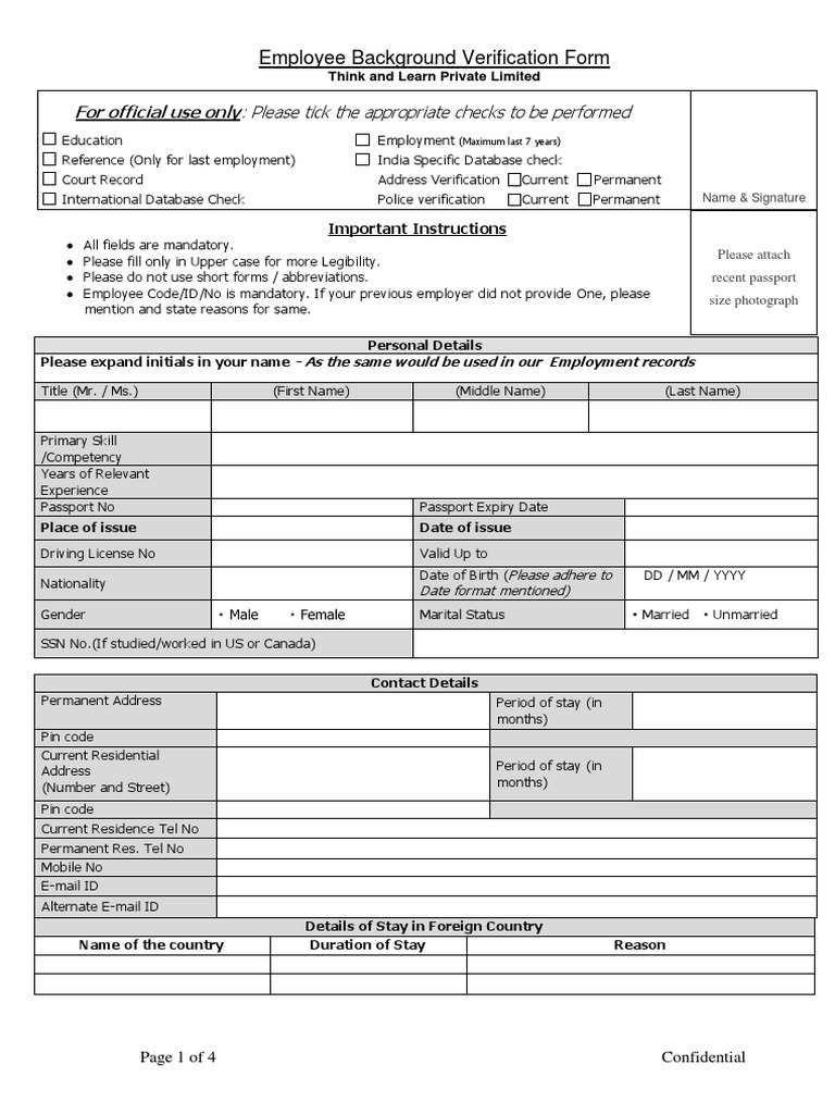 Employee Background Verification Form | PDF | Employment | Government