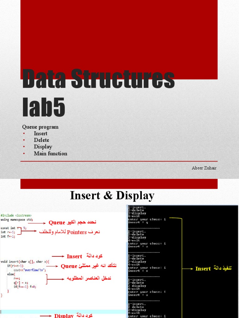 Data Structures Lab5: Queue Program Insert Delete Display Main Function | PDF