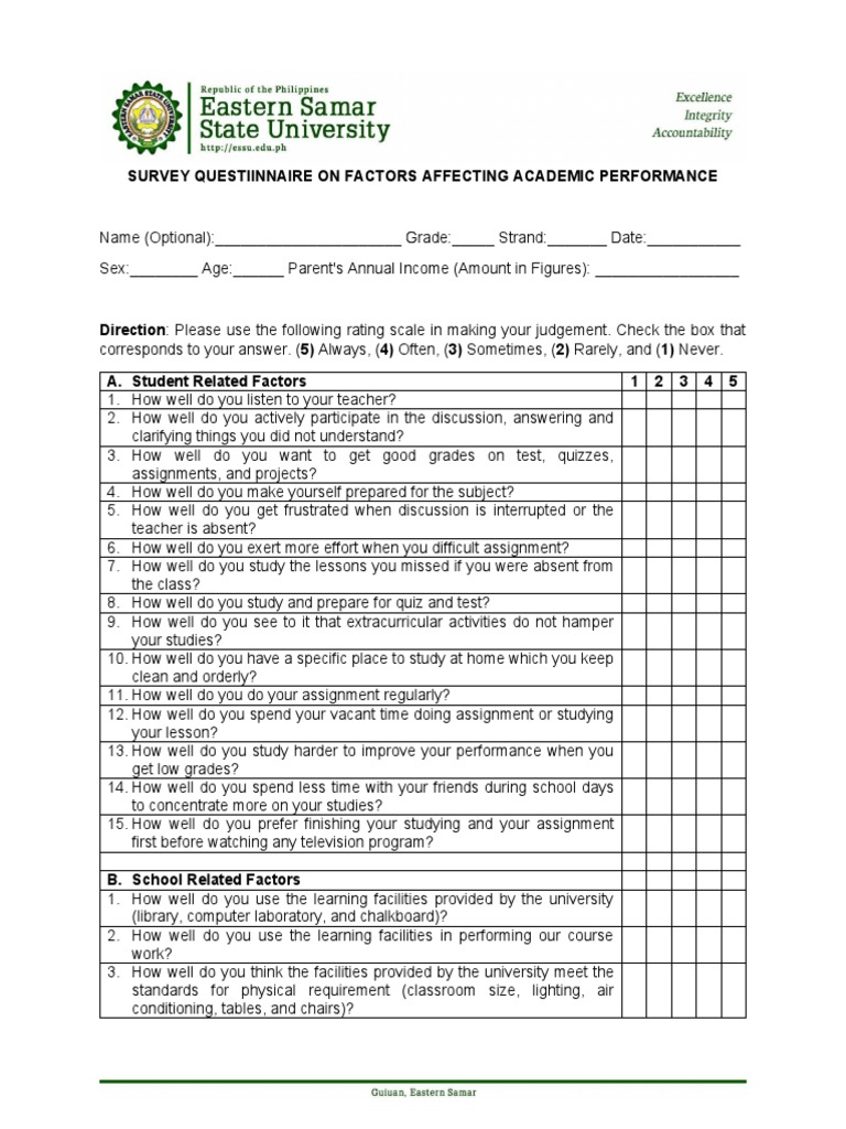 Survey Questiinnaire On Factors Affecting Academic Performance | PDF ...