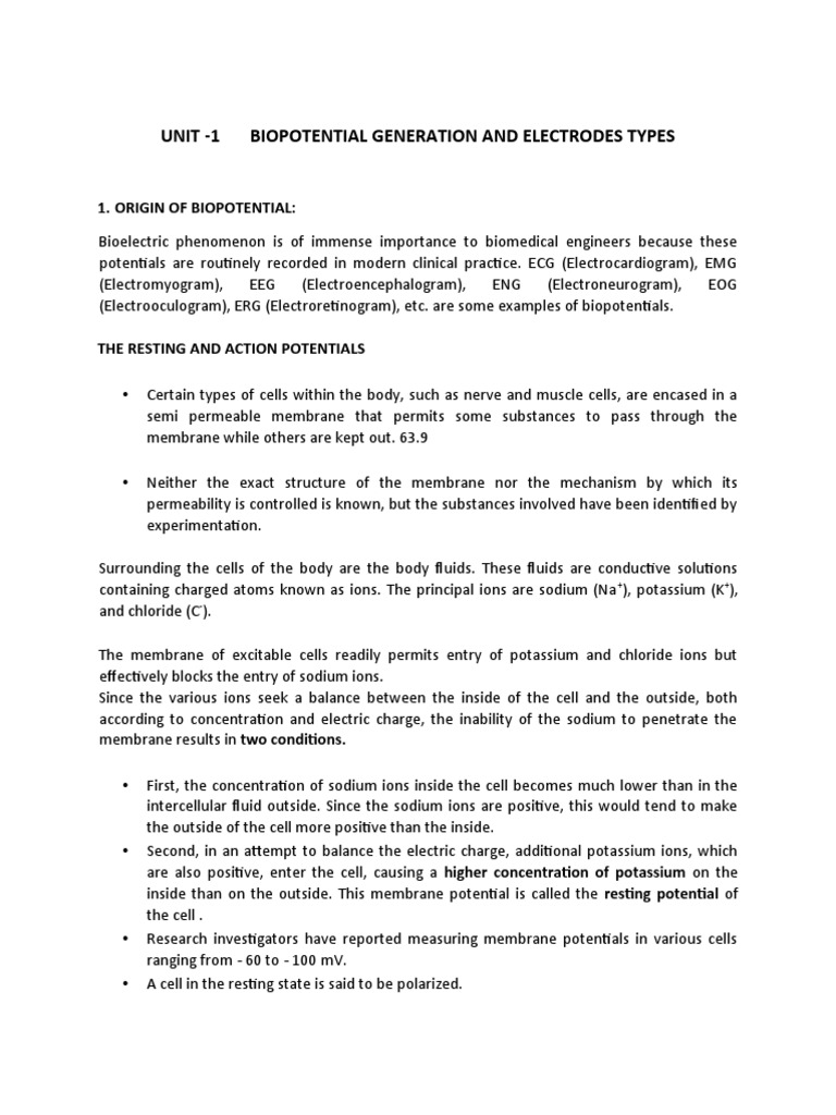 Unit - 1 Biopotential Generation and Electrodes Types | PDF | Action Potential | Depolarization