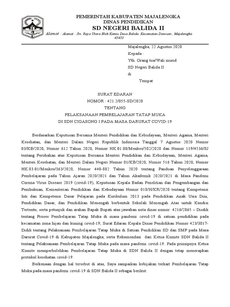 Surat Edaran Pembelajaran Tatap Muka | PDF