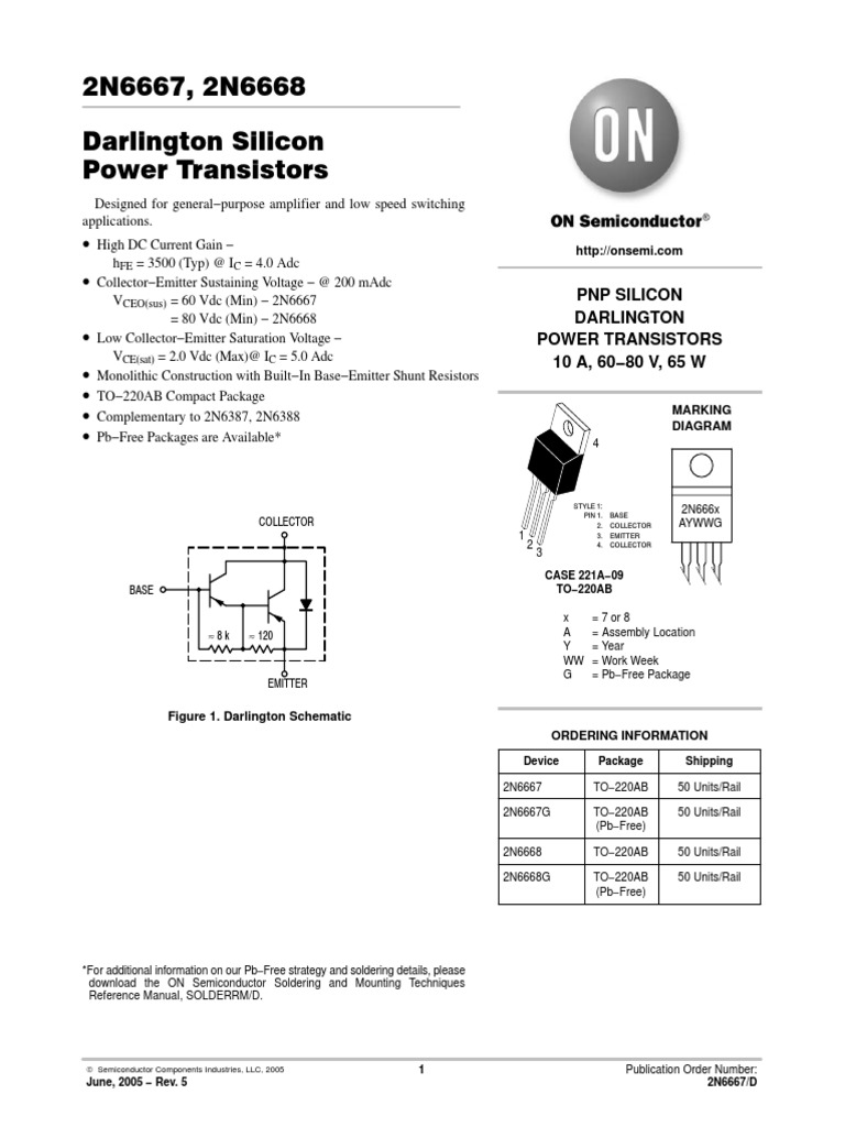 2N6667, 2N6668 Darlington Silicon Power Transistors | PDF | Bipolar ...