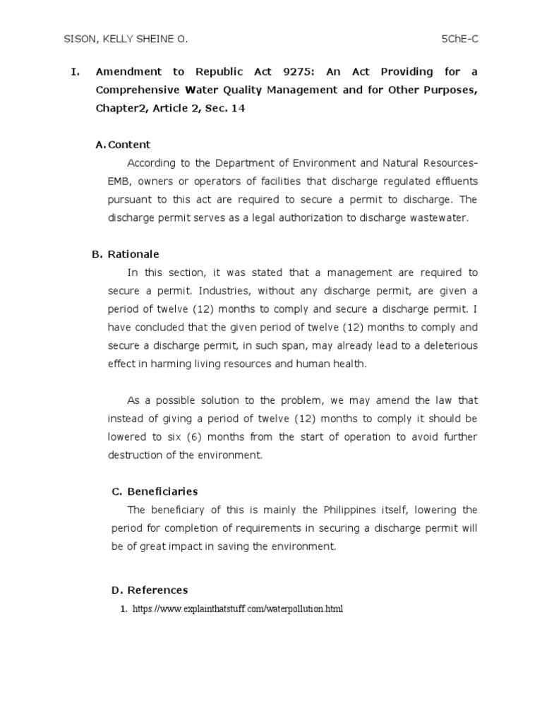 I. Amendment To Republic Act 9275: An Act Providing For A Comprehensive ...