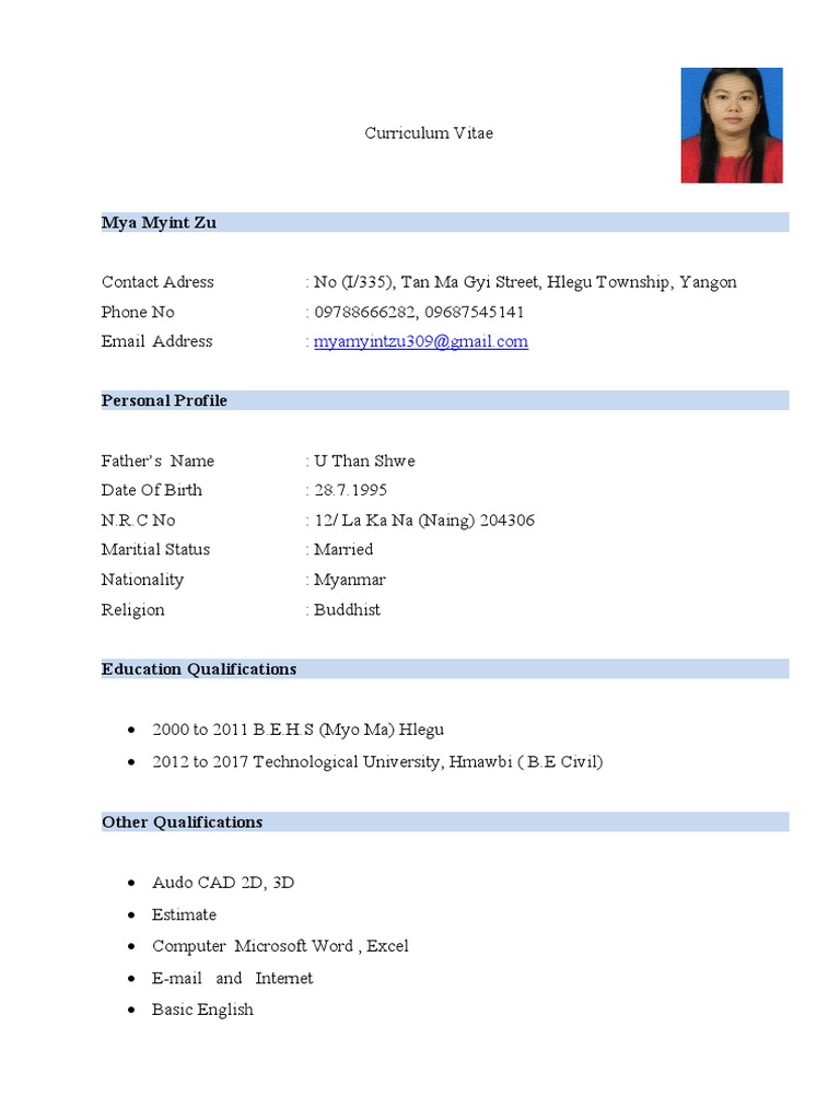 Mya Myint Zu CV: Civil Engineer | PDF | Career & Growth