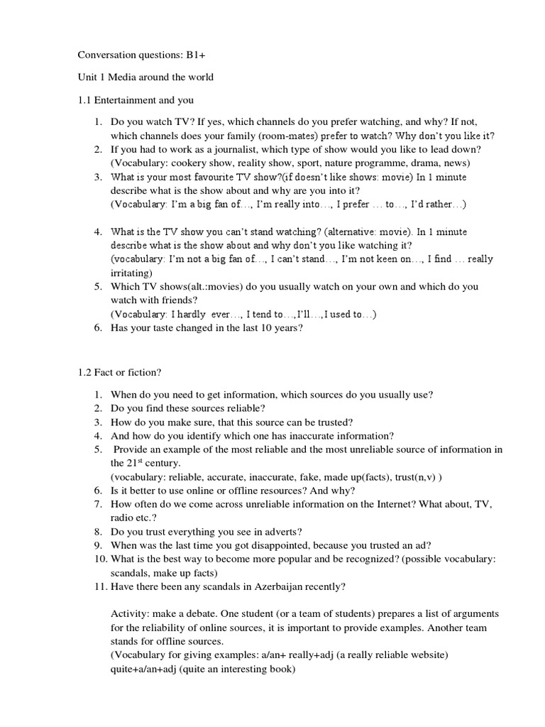 B1+ Conversation Questions | PDF | Invention | Internet