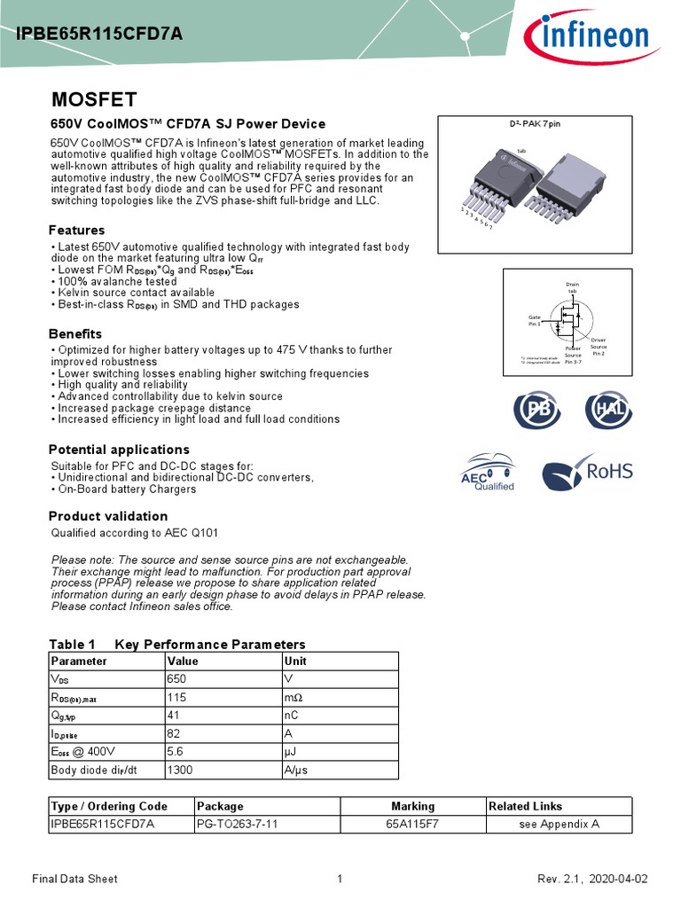 Infineon IPBE65R115CFD7A DataSheet v02 - 01 EN | PDF | Field Effect Transistor | Capacitance