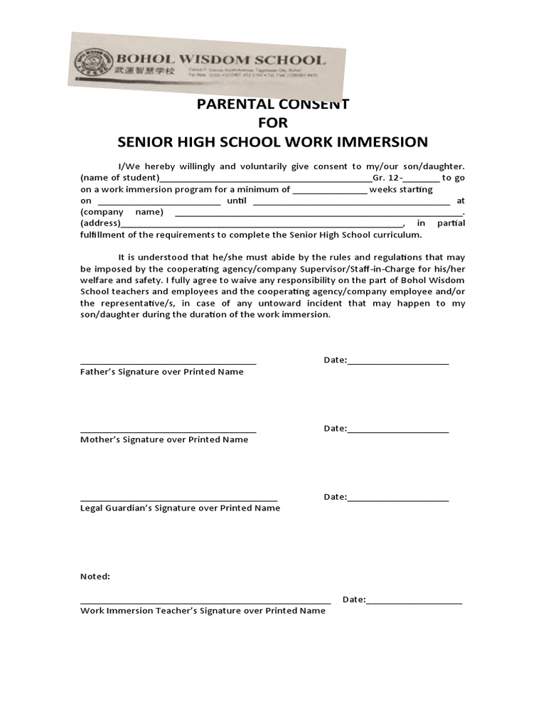 Parental Consent FOR Senior High School Work Immersion | PDF | Career ...