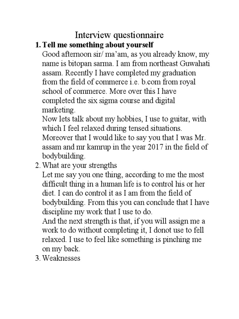 Interview Questionnaire: 1. Tell Me Something About Yourself | PDF